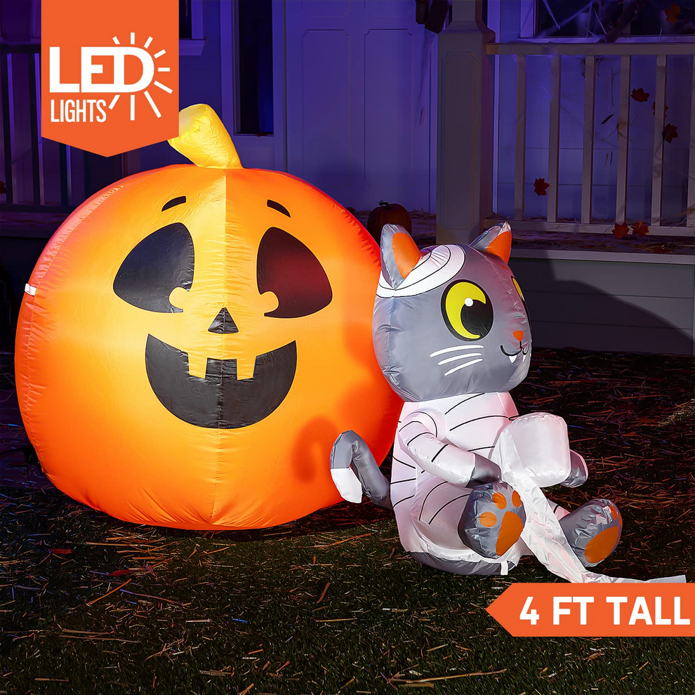 4 FT Tall Halloween Inflatable Mummy Cat Pumpkin - JOIEDOMI